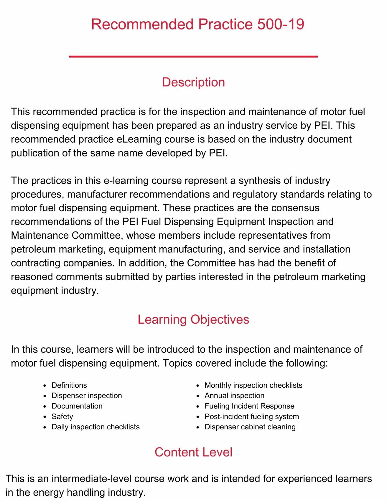 Recommended Practice 500-19 | PEI